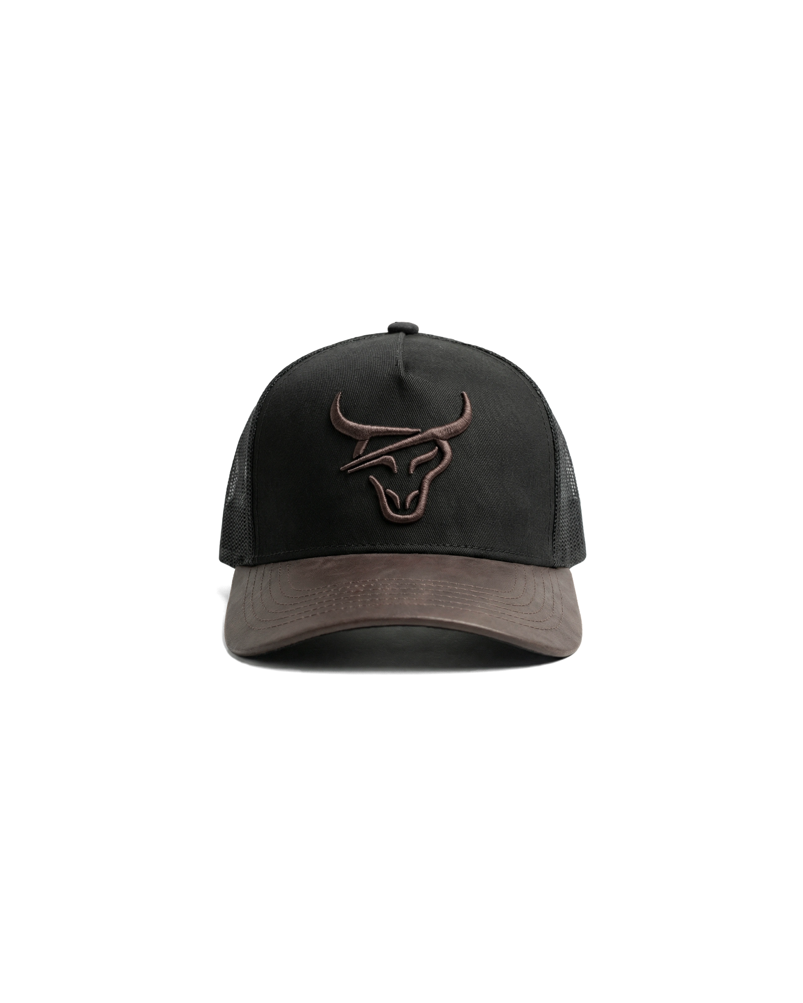 HONKER BULL HAT BLACK/BROWN LEATHER BRIM - MESH – Honker Co.